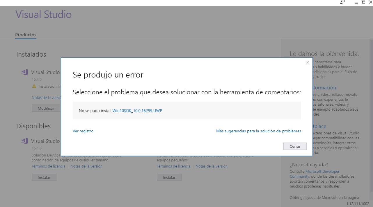 estoy tratando de instalar el visual studio community, pero al ...