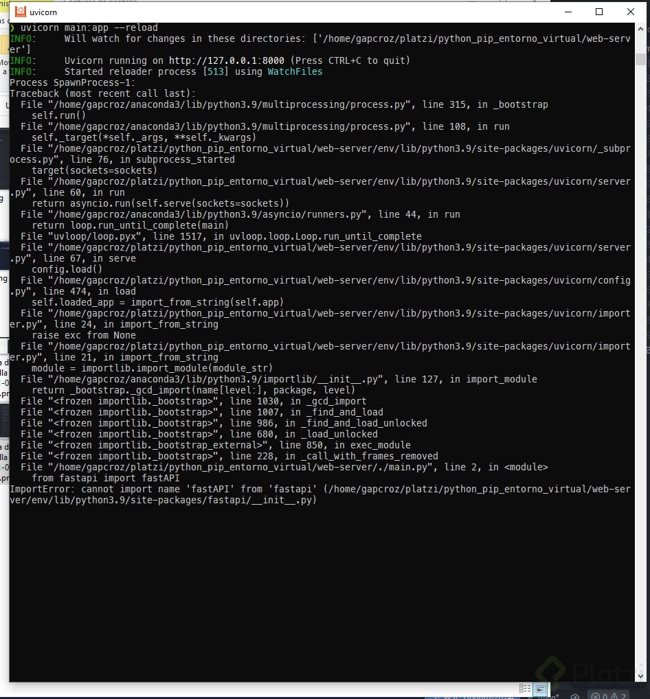 tengo un problema con el modulo de fastapi me señala lo siguiente al intentar correrlo en la ...