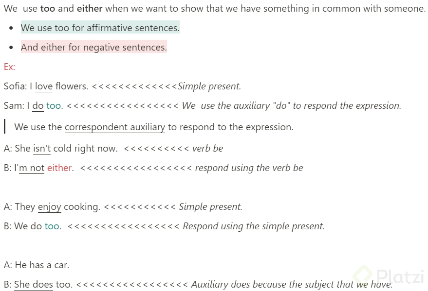 Grammar: How to use too and either - Platzi