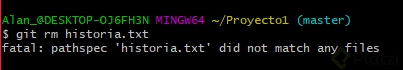 Cuando Fredy usa el comando: git rm historia.txt la terminal dice error ...