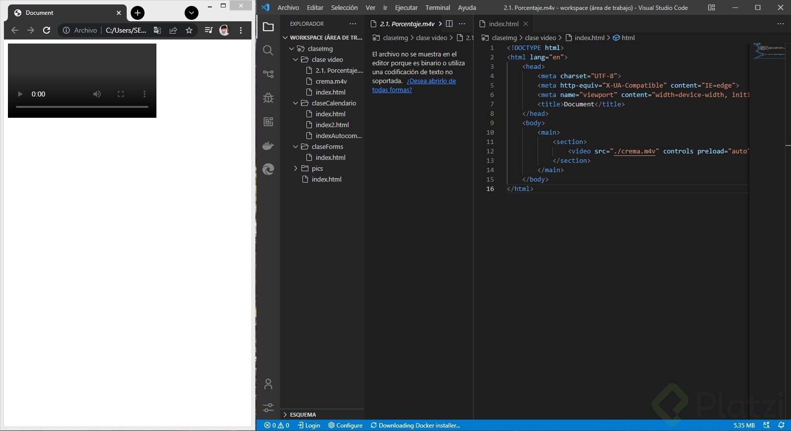tengo un problema al subir mi video a mi codigo HTML, me aparece el ...