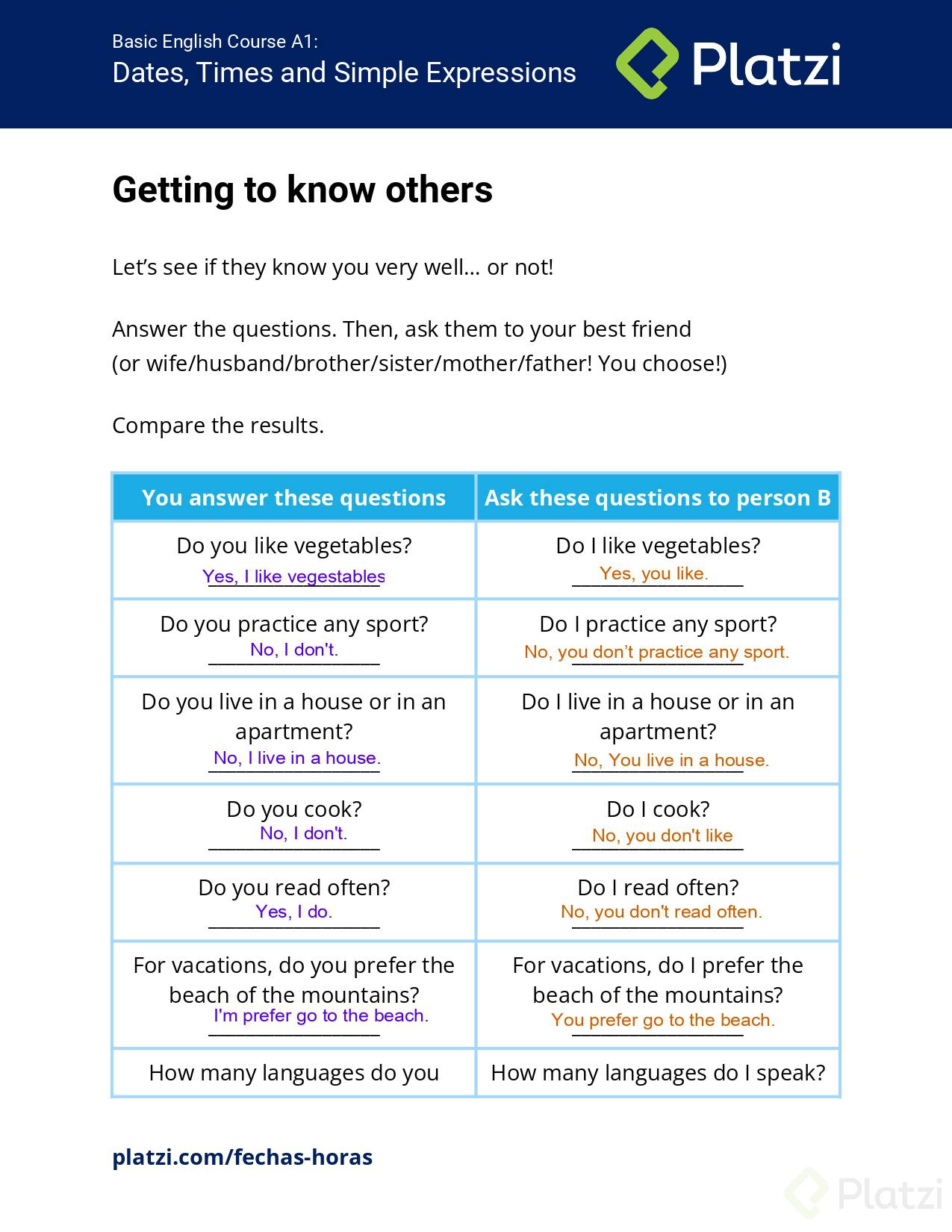 Reading and Writing exercise: Getting to know others! - Platzi
